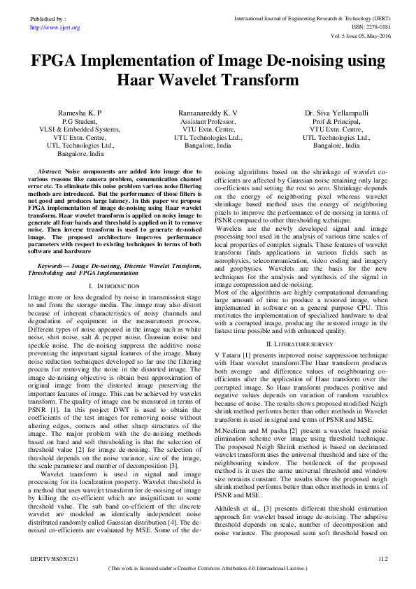 Pdf Fpga Implementation Of Image De Noising Using Haar Wavelet Transform