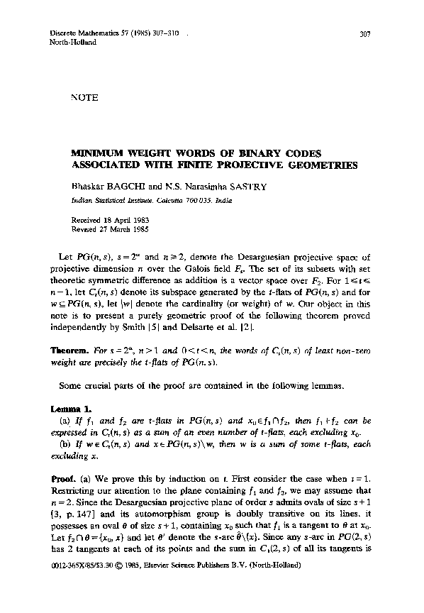 Pdf Minimum Weight Words Of Binary Codes Associated With Finite Projective Geometries 2050