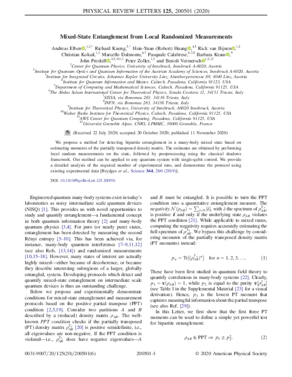 (PDF) Mixed-State Entanglement from Local Randomized Measurements