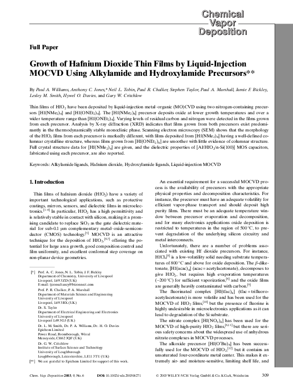 (PDF) Growth of Hafnium Dioxide Thin Films by Liquid-Injection MOCVD Using Alkylamide and ...