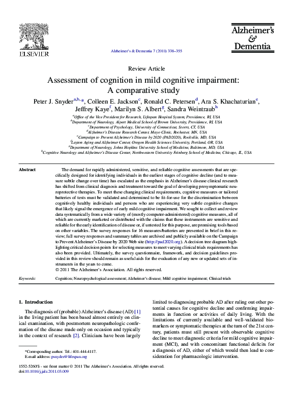 (PDF) Assessment of cognition in mild cognitive impairment: A ...