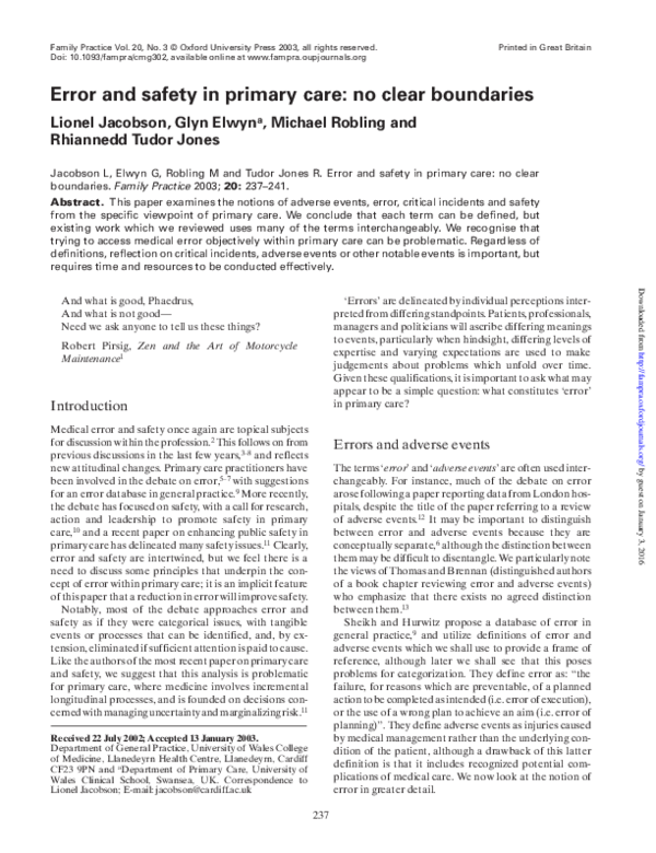 (PDF) Error and safety in primary care: no clear boundaries
