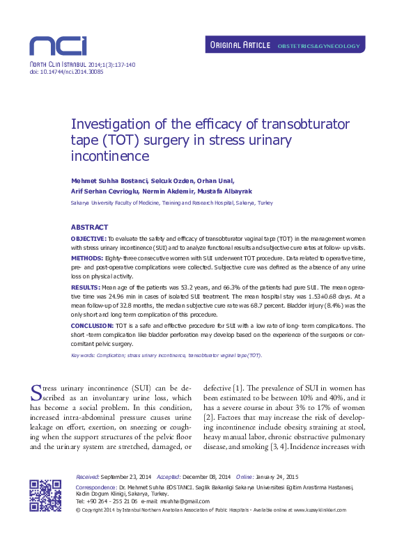 Pdf Investigation Of The Efficacy Of Transobturator Tape Tot