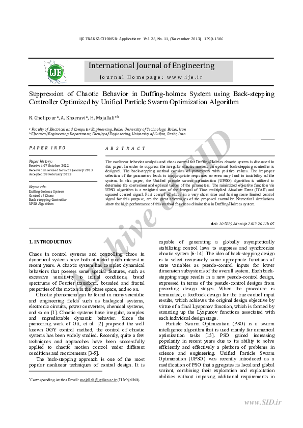 (PDF) Suppression of Chaotic Behavior in Duffing-holmes System using Back-stepping Controller ...