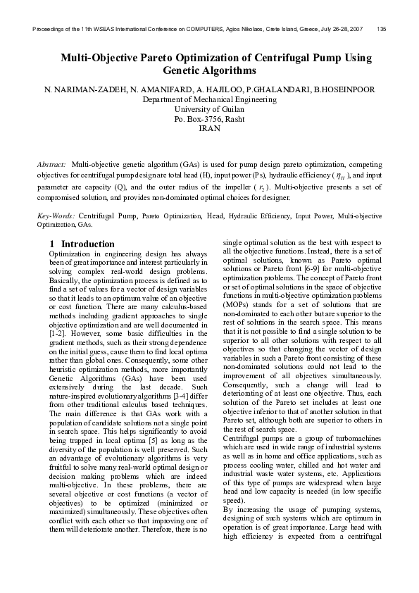(PDF) Multi-Objective Pareto Optimization of Centrifugal Pump Using Genetic Algorithms