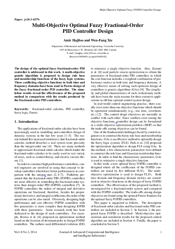 (PDF) Multi-Objective Optimal Fuzzy Fractional-Order PID Controller Design