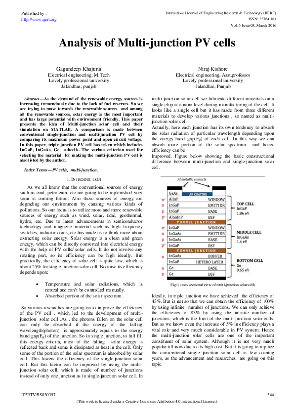 Analysis of Multi-junction PV cells