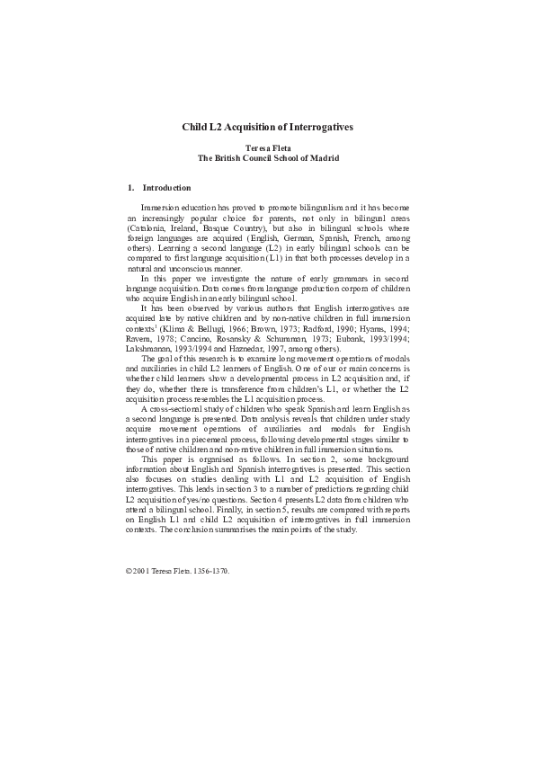(PDF) Child L2 acquisition of interrogatives | Teresa Fleta - Academia.edu