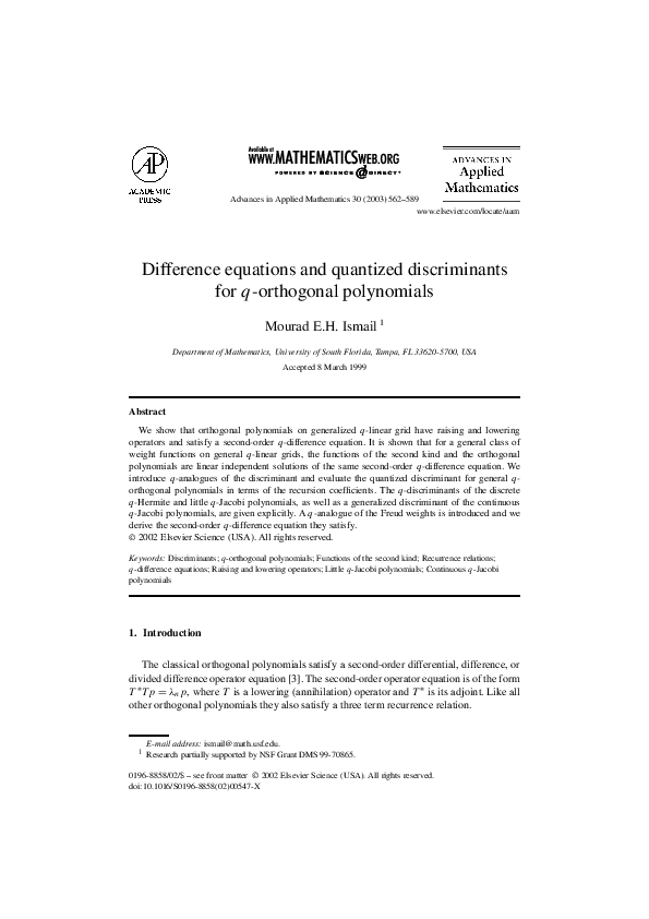 (PDF) Difference equations and quantized discriminants for q-orthogonal polynomials