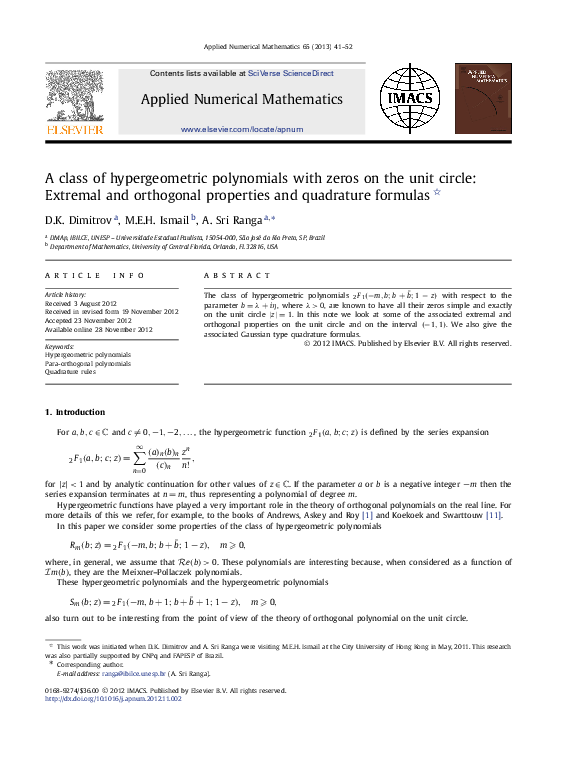 (PDF) A class of hypergeometric polynomials with zeros on the unit circle: Extremal and ...