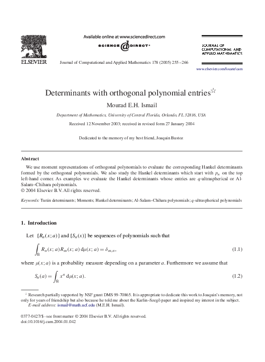 (PDF) Determinants with orthogonal polynomial entries | Mourad Ismail ...