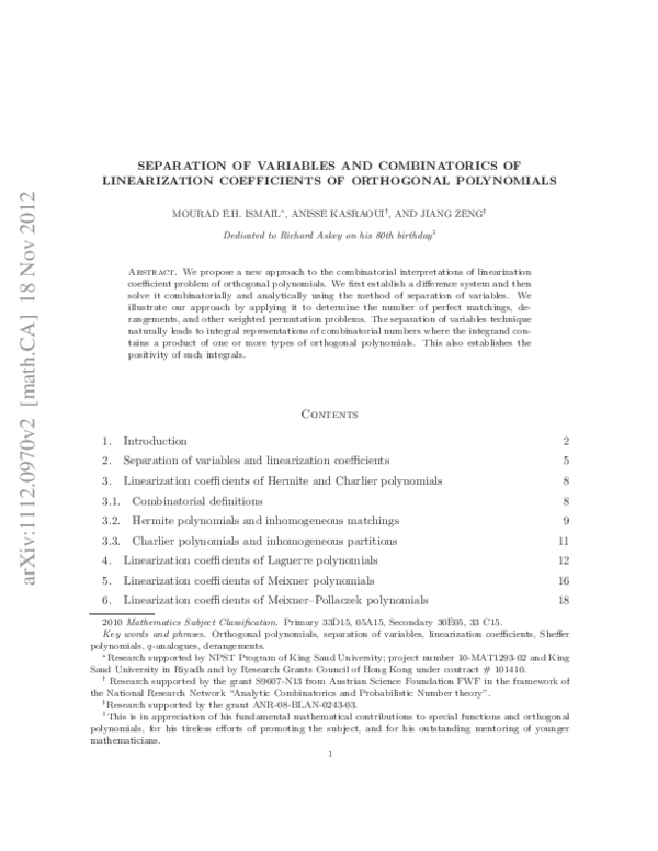 Pdf Separation Of Variables And Combinatorics Of Linearization