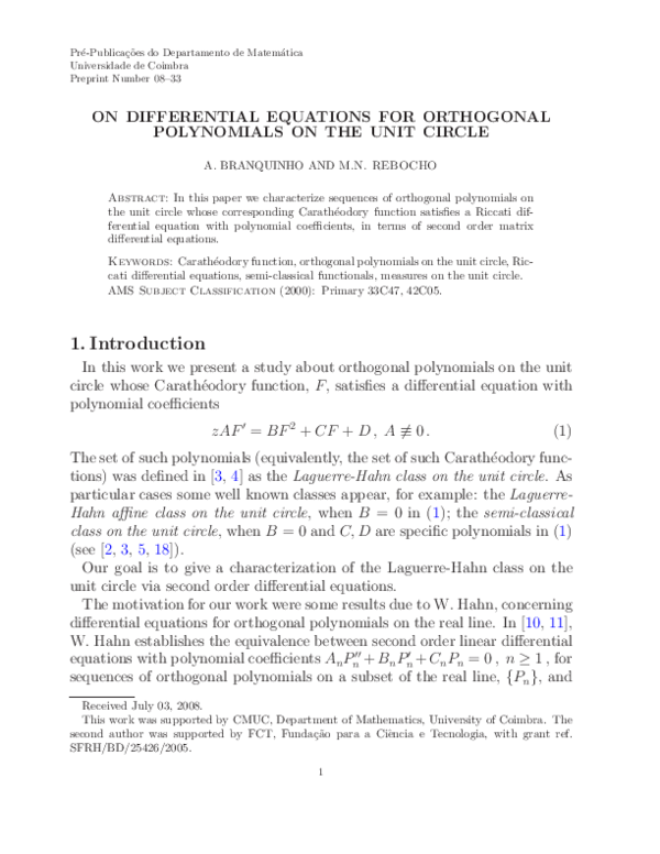 (PDF) On differential equations for orthogonal polynomials on the unit circle