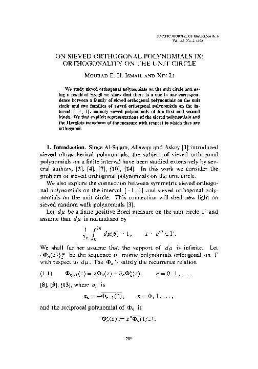 (PDF) On sieved orthogonal polynomials. IX: Orthogonality on the unit circle