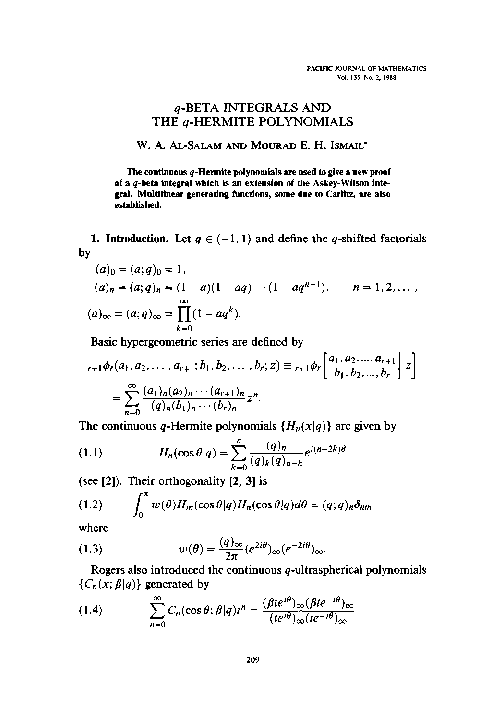 (PDF) q -beta integrals and the q -Hermite polynomials