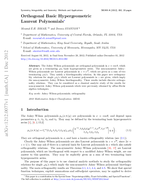 (PDF) Orthogonal Basic Hypergeometric Laurent Polynomials