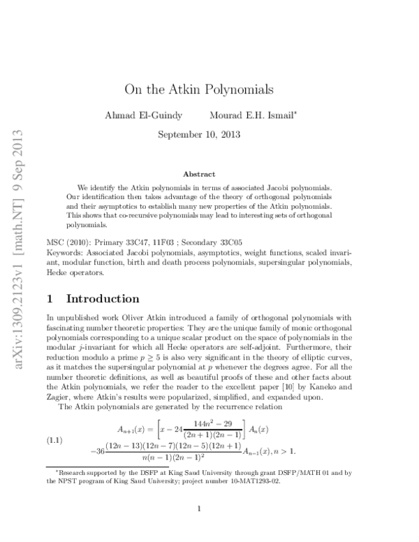 (PDF) On the Atkin polynomials | Mourad Ismail - Academia.edu