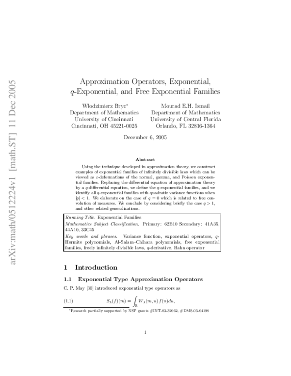 Pdf Approximation Operators Exponential Q Exponential And Free Exponential Families