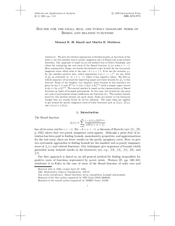 (PDF) Bounds for the small real and purely imaginary zeros of Bessel and related functions