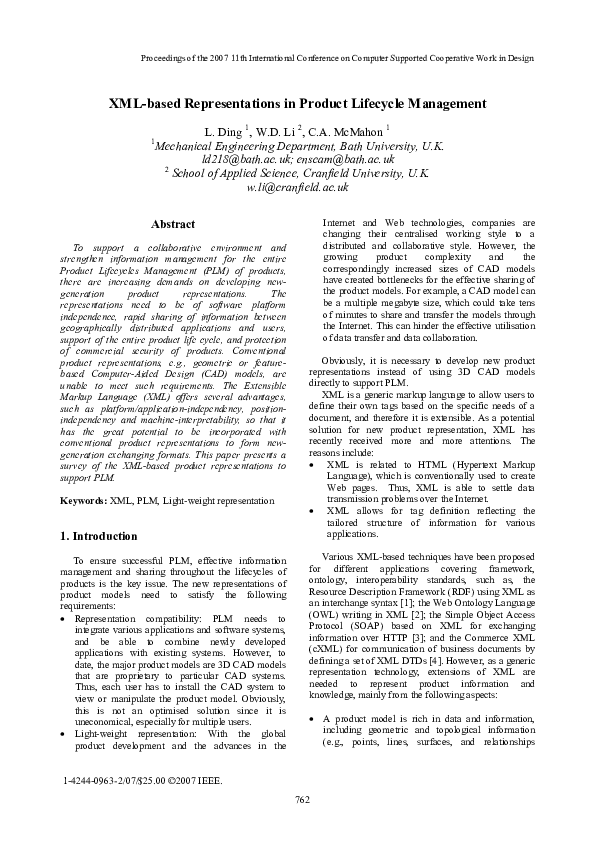 (PDF) XML-based Representations in Product Lifecycle Management