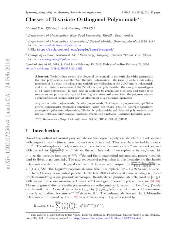 (PDF) Classes of Bivariate Orthogonal Polynomials