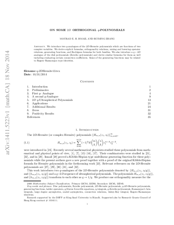 (PDF) On some 2D orthogonal q-polynomials | Mourad Ismail - Academia.edu