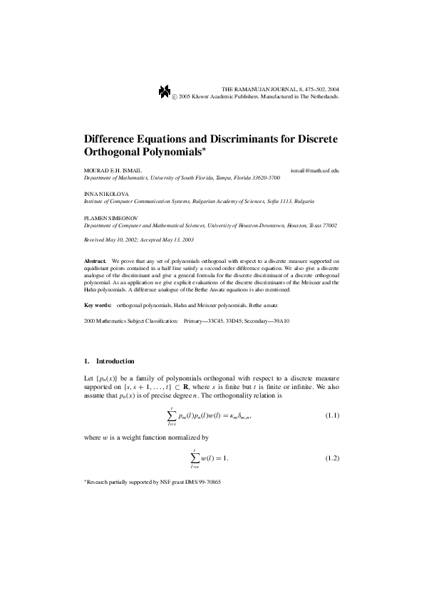 (PDF) Difference Equations and Discriminants for Discrete Orthogonal Polynomials