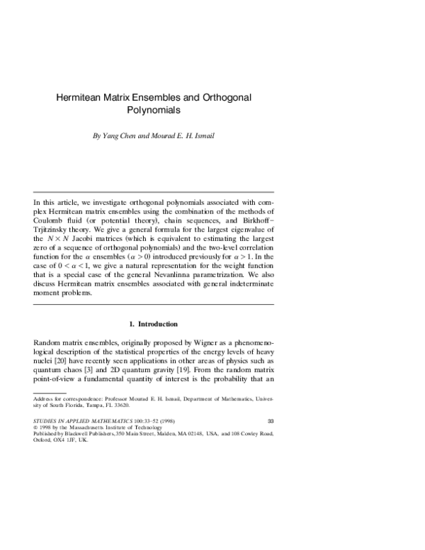 (PDF) Hermitean Matrix Ensembles and Orthogonal Polynomials