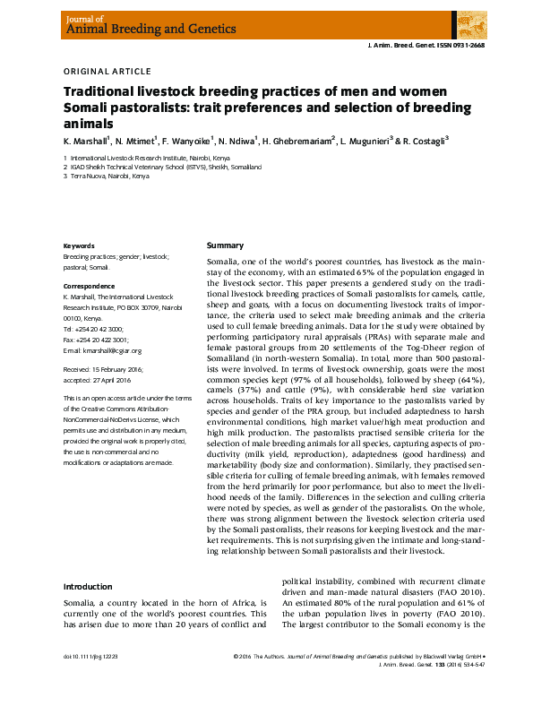 (PDF) Traditional livestock breeding practices of men and women Somali pastoralists: trait ...