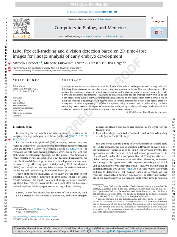 (PDF) Label free cell-tracking and division detection based on 2D time ...