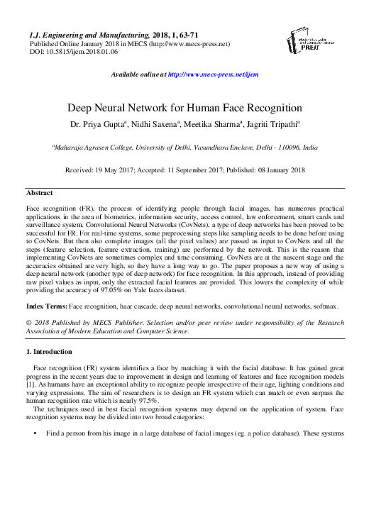 (PDF) Deep Neural Network for Human Face Recognition