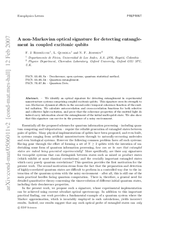 (PDF) A non-Markovian optical signature for detecting entanglement in coupled excitonic qubits ...