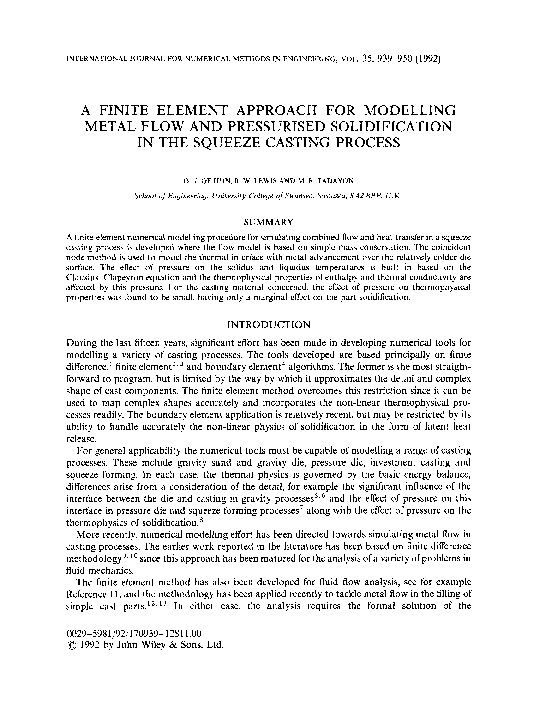 Pdf A Finite Element Approach For Modelling Metal Flow And Pressurised Solidification In The