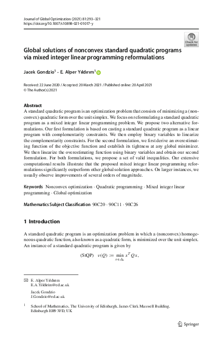 Pdf Global Solutions Of Nonconvex Standard Quadratic Programs Via Mixed Integer Linear 