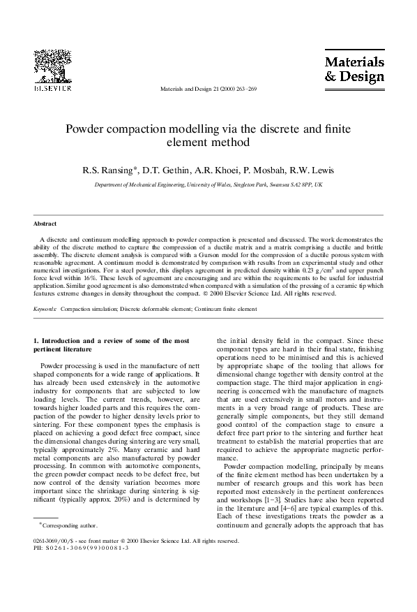 Pdf Powder Compaction Modelling Via The Discrete And Finite Element Method 