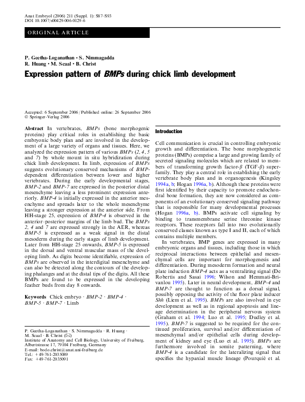 (PDF) Expression pattern of BMPs during chick limb development