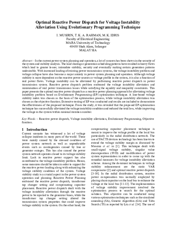 (PDF) Optimal Reactive Power Dispatch for Voltage Instability Alleviation Using Evolutionary ...