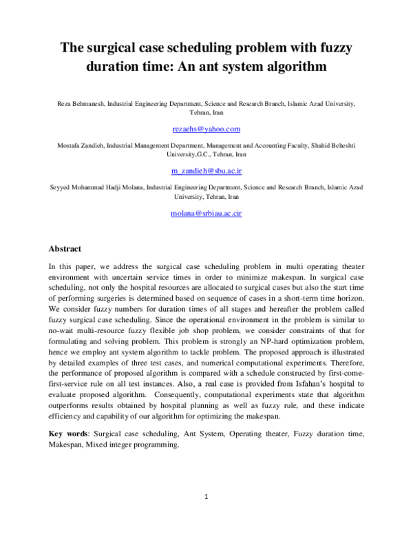 Pdf The Surgical Case Scheduling Problem With Fuzzy Duration Time An Ant System Algorithm
