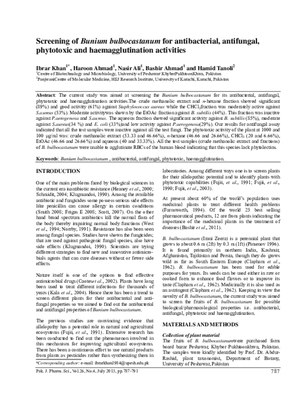 (PDF) Screening of Bunium bulbocastanum for antibacterial, antifungal, phytotoxic and ...