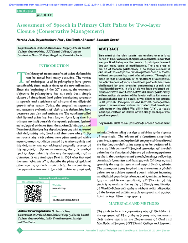 (PDF) Assessment of speech in primary cleft palate by two-layer closure ...