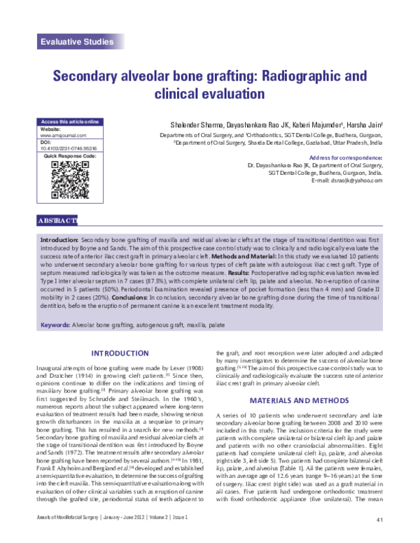 (PDF) Secondary alveolar bone grafting: Radiographic and clinical ...