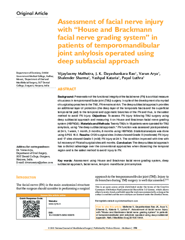 (PDF) Assessment of facial nerve injury with “House and Brackmann ...