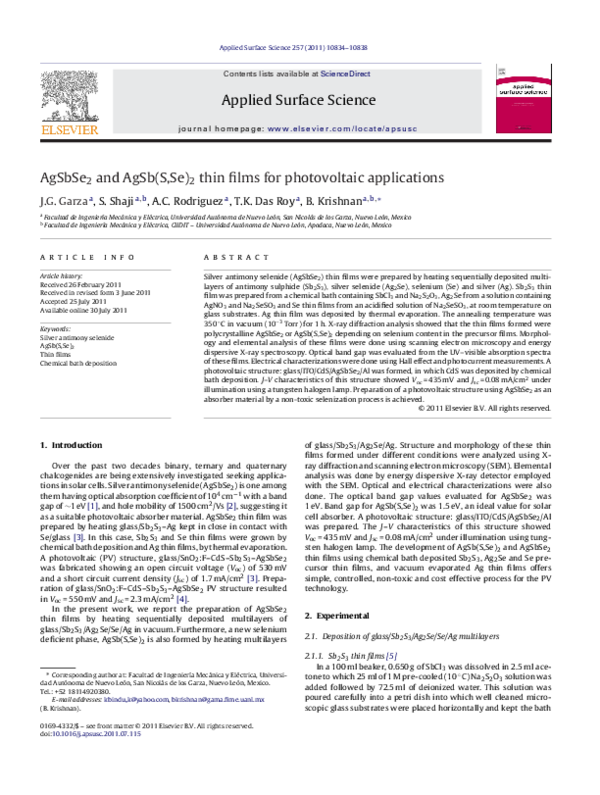 (PDF) AgSbSe2 and AgSb(S,Se)2 thin films for photovoltaic applications