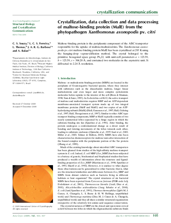 (PDF) Crystallization, data collection and data processing of maltose ...