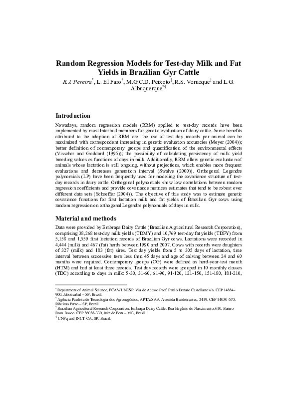 Pdf Random Regression Models For Test Day Milk And Fat Yields In Brazilian Gyr Cattle