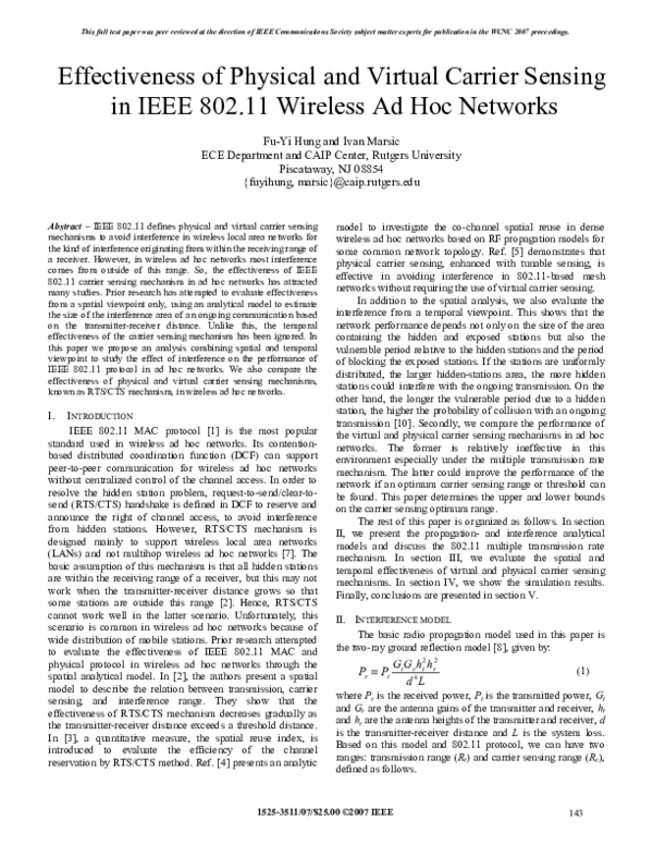 (PDF) Effectiveness of Physical and Virtual Carrier Sensing in IEEE 802.11 Wireless Ad Hoc Networks