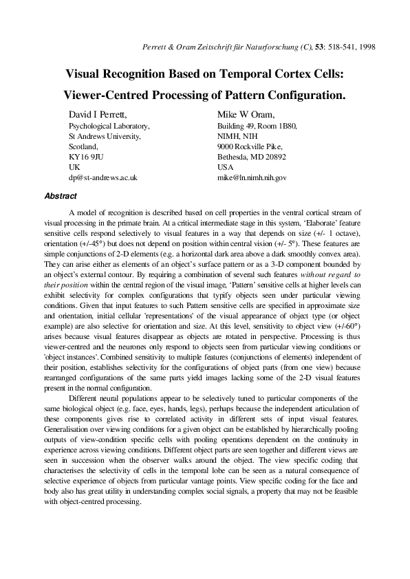 Pdf Visual Recognition Based On Temporal Cortex Cells Viewer Centred Processing Of Pattern