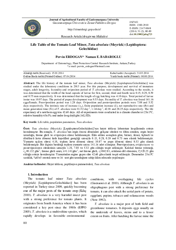 (PDF) Life Table of the Tomato Leaf Miner, Tuta absoluta (Meyrick) (Lepidoptera: Gelechiidae)