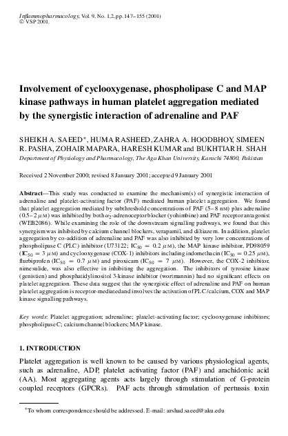 (PDF) Involvement of cyclooxygenase, phospholipase C and MAP kinase pathways in human platelet ...
