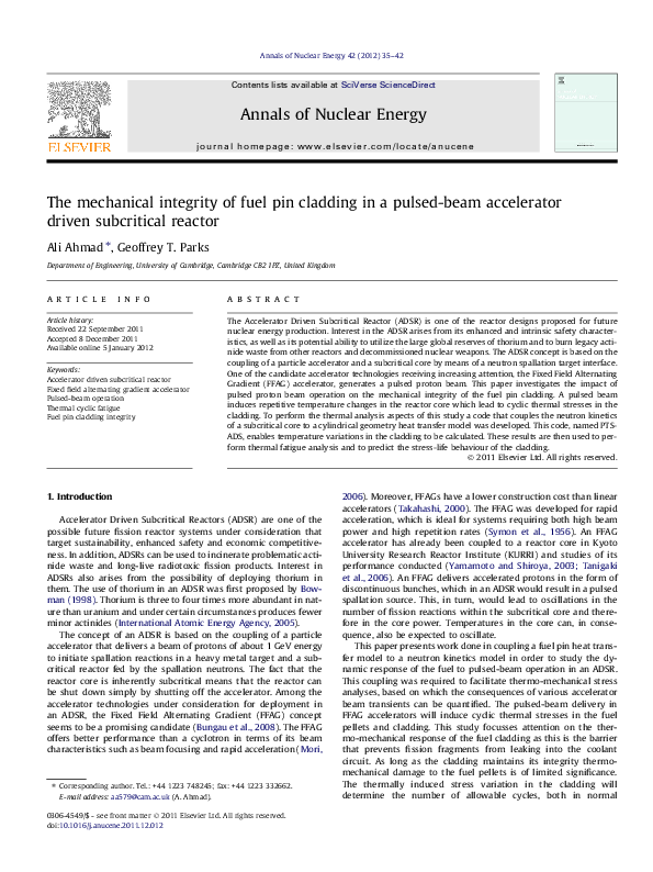 (PDF) The mechanical integrity of fuel pin cladding in a pulsed-beam accelerator driven ...